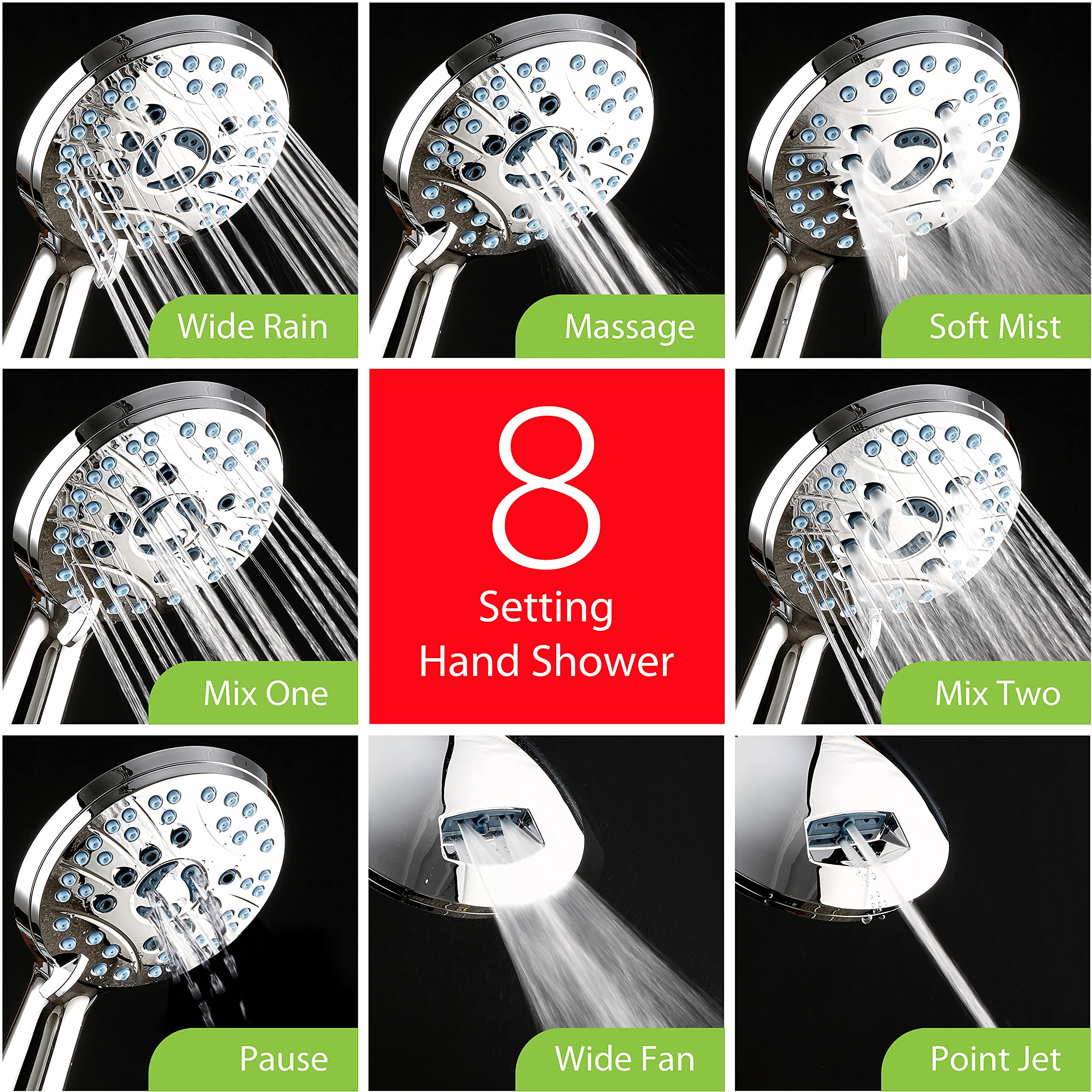 AquaCare As-Seen-On-TV High Pressure Handheld/Rain 50-mode 3-way Shower Head Combo with Adjustable Arm - Anti-clog Nozzles, Tub & Pet Power Wash, 6 ft. Stainless Steel Hose, All Chrome Finish