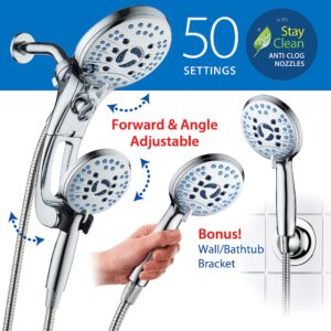 AquaCare As-Seen-On-TV High Pressure Handheld/Rain 50-mode 3-way Shower Head Combo with Adjustable Arm - Anti-clog Nozzles, Tub & Pet Power Wash, 6 ft. Stainless Steel Hose, All Chrome Finish