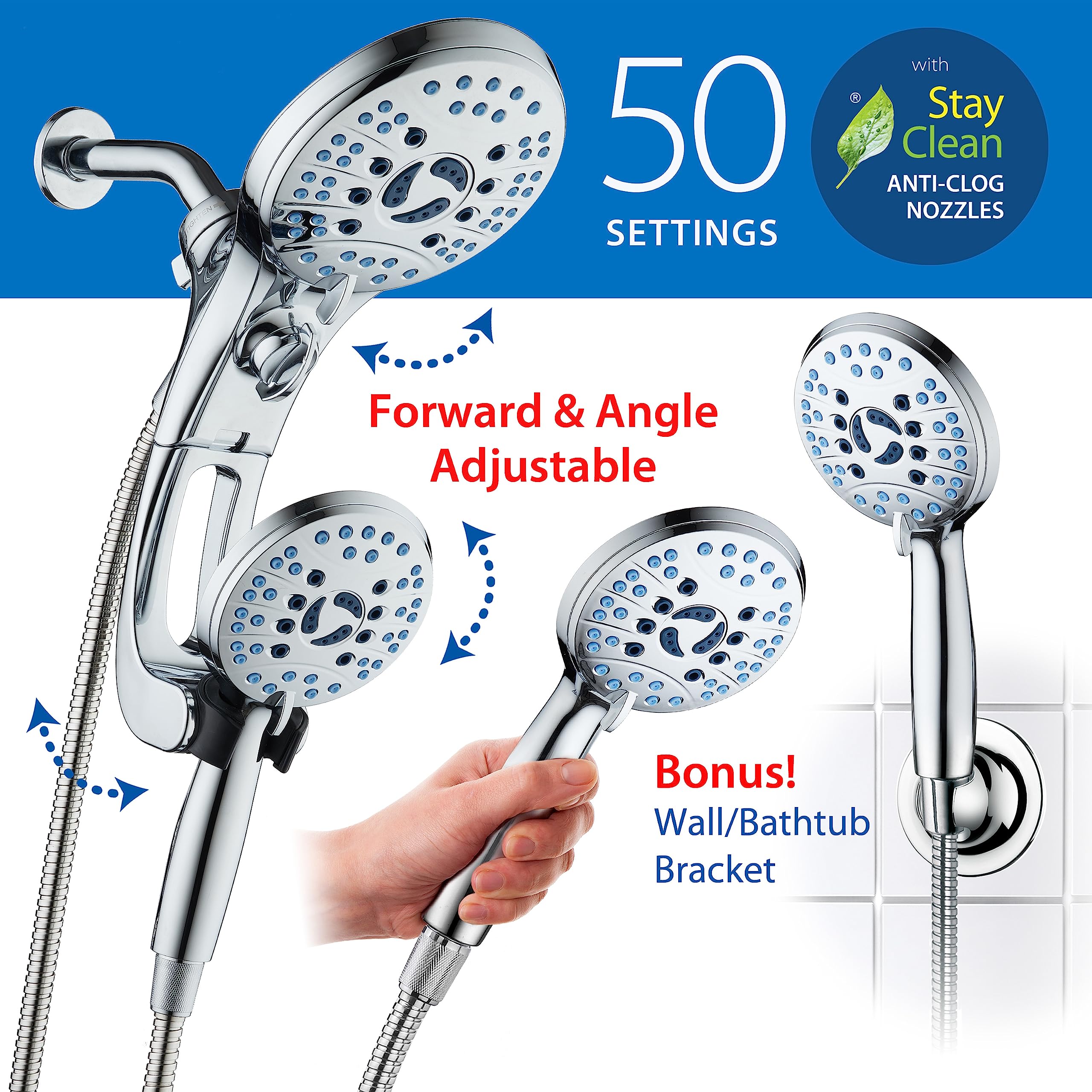 AquaCare As-Seen-On-TV High Pressure Handheld/Rain 50-mode 3-way Shower Head Combo with Adjustable Arm - Anti-clog Nozzles, Tub & Pet Power Wash, 6 ft. Stainless Steel Hose, All Chrome Finish