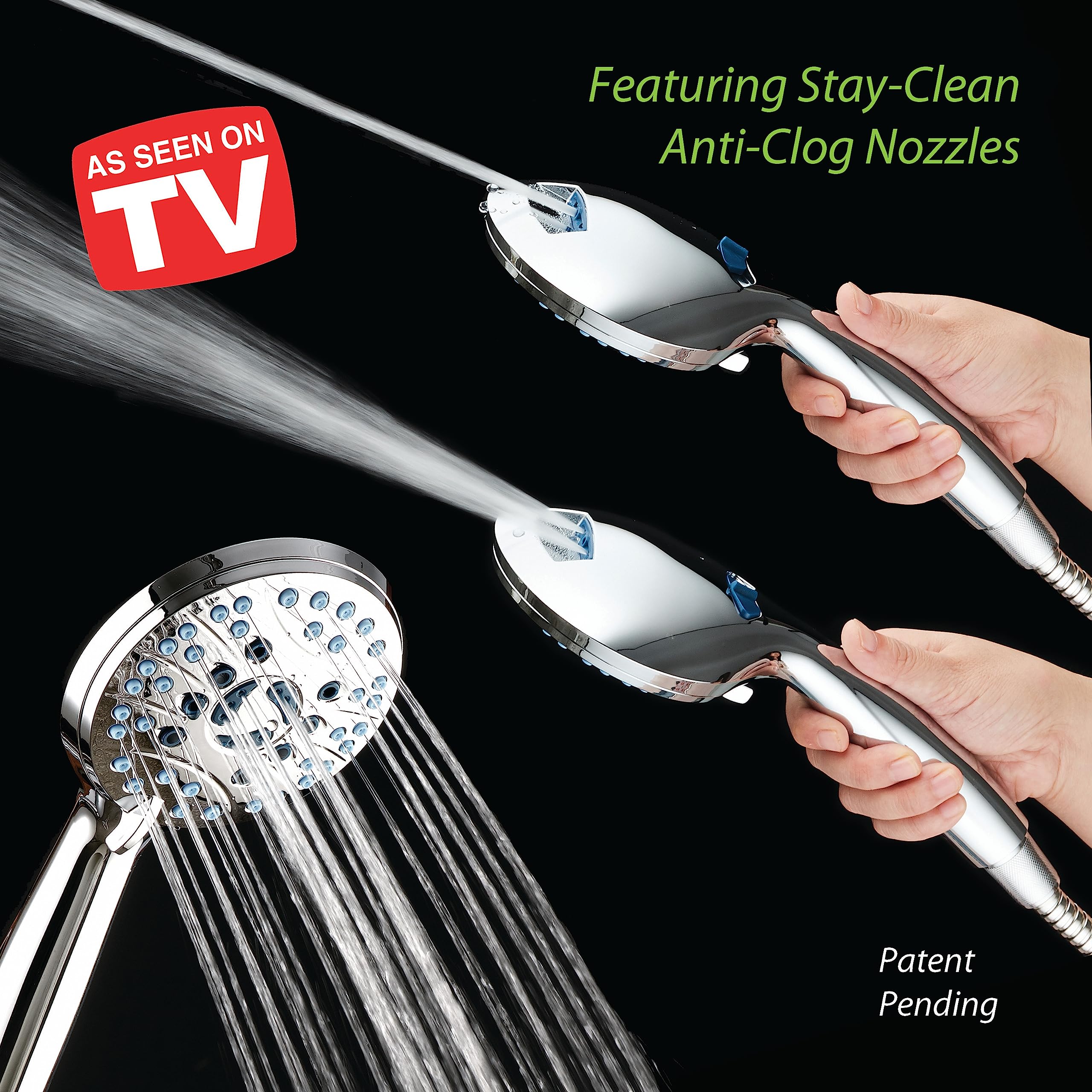 AquaCare As-Seen-On-TV High Pressure Handheld/Rain 50-mode 3-way Shower Head Combo with Adjustable Arm - Anti-clog Nozzles, Tub & Pet Power Wash, 6 ft. Stainless Steel Hose, All Chrome Finish