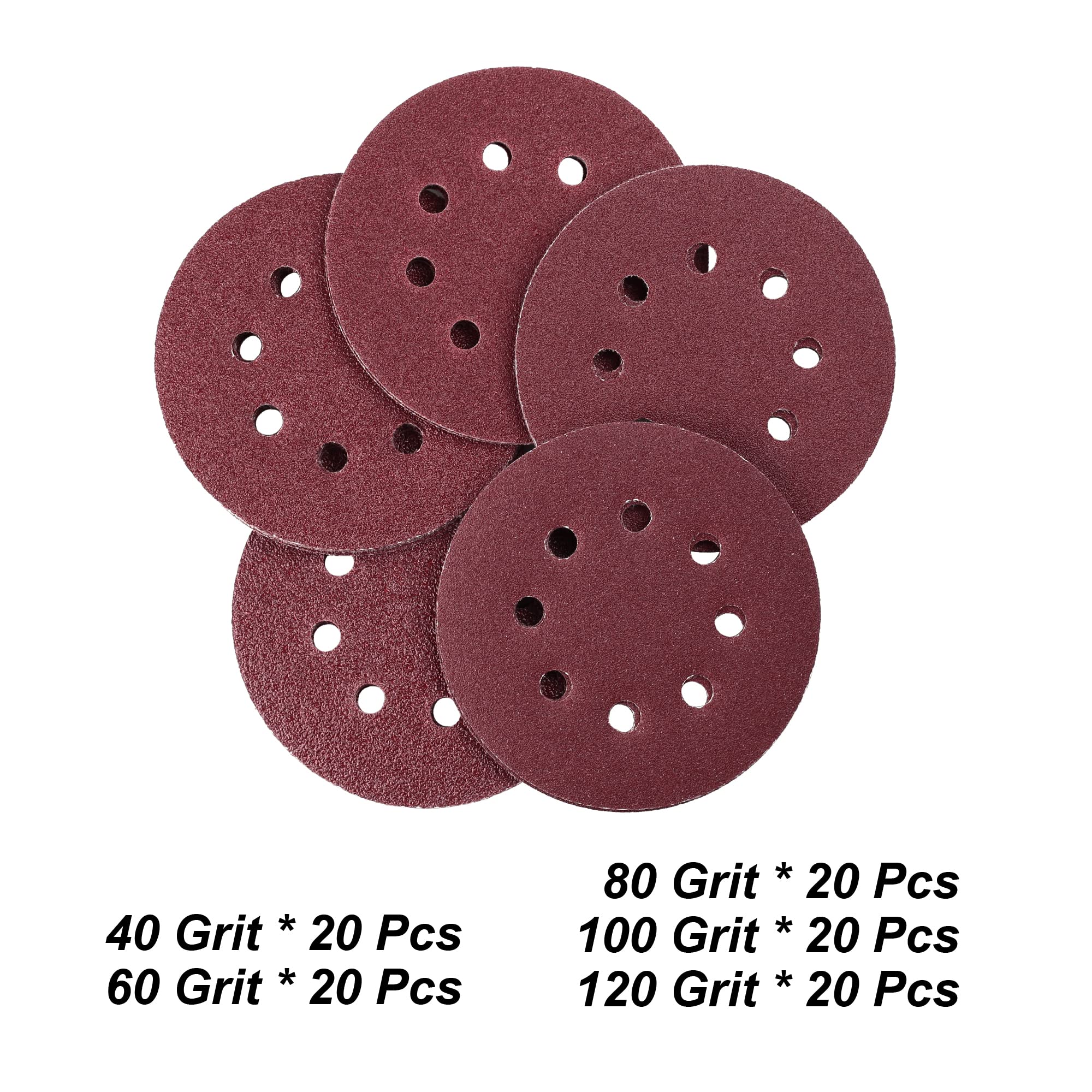 100PCS 5 Inch Sanding Discs 40 60 80 100 120 Rough Sanding Discs Loop 8 Holes Mount by Hook and Loop Sandpaper Orbital Sander(SD001)