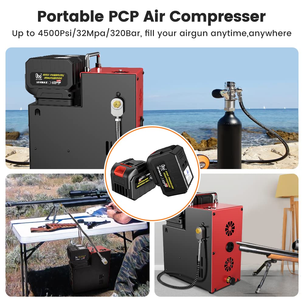 GX PUMP PCP Air Compressor L3 4500Psi/320Bar/32Mpa,PCP Compressor with Dual 18V Lithium Batteries,Set Pressure & Auto-Shutoff,Paintaball Air Compressor Built-in Oil-Water Separator&Cooling Fan