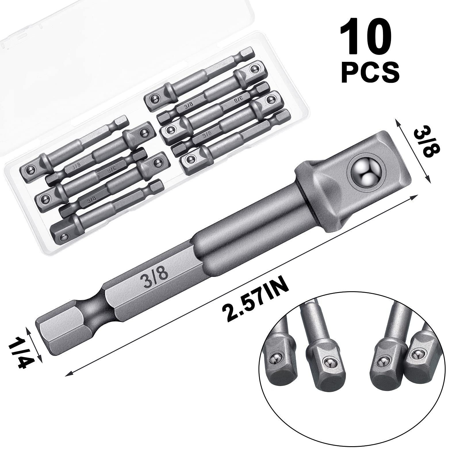 Impact Adapter Square Socket Bit Adapter Hex Impact Socket for Drills, Extension Socket Driver Bits Impact Socket Adapter for Automotive DIY (3/8 Inch Square Tip, Silver)