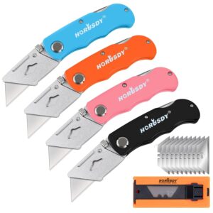 horusdy 4-pack folding utility knife, box cutter for cardboard, boxes and cartons, extra 10pcs sk5 quick change blades.