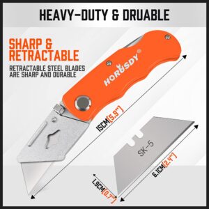 HORUSDY 4-Pack Folding Utility Knife, Box Cutter for Cardboard, Boxes and Cartons, Extra 10pcs SK5 Quick Change Blades.