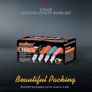 HORUSDY 4-Pack Folding Utility Knife, Box Cutter for Cardboard, Boxes and Cartons, Extra 10pcs SK5 Quick Change Blades.