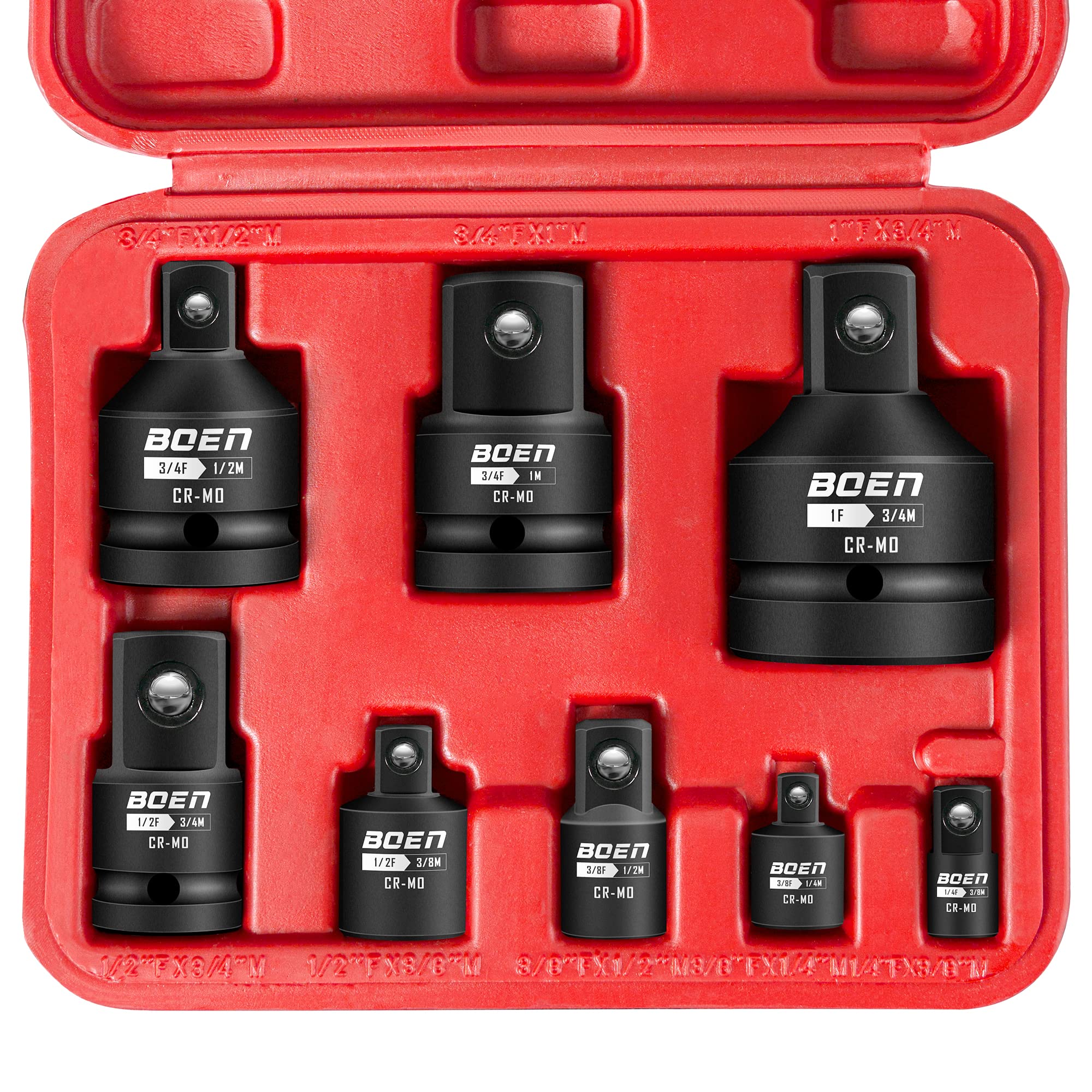 BOEN 8 Piece Impact Socket Adapter and Reducer Set, 1/4" 3/8" 1/2" 3/4" Drive Socket Adapter Set with Durable Case for Impact Driver Conversions (Upgraded)