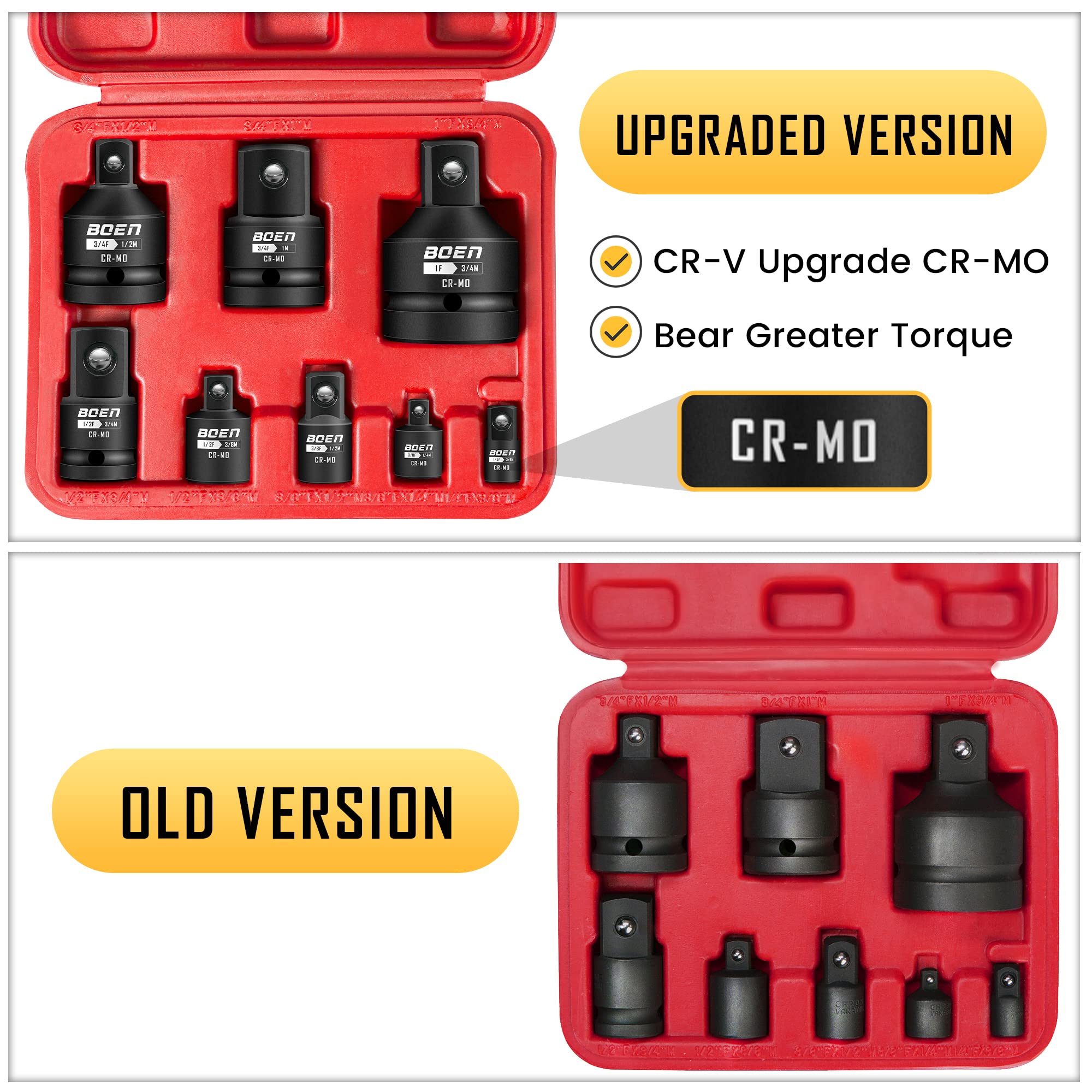 BOEN 8 Piece Impact Socket Adapter and Reducer Set, 1/4" 3/8" 1/2" 3/4" Drive Socket Adapter Set with Durable Case for Impact Driver Conversions (Upgraded)