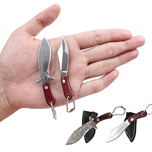 Ruksifg Mini Knives Set 2Pcs Damascus Pocket Knife Set with Sheath for Box Cutter Keychain Pendant Decoration