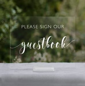 sweet carolina collective modern acrylic wedding guestbook sign - please sign our guestbook - with acrylic or wood stand: 5" x 7" or 8" x 10" - perfect for wedding table decor & reception decor