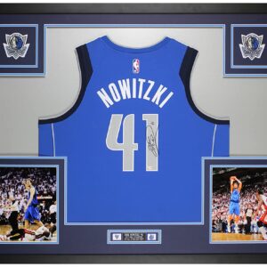 Dirk Nowitzki Autographed Blue Dallas Jersey - Beautifully Matted and Framed - Hand Signed By Dirk and Certified Authentic by Fanatics - Includes Certificate of Authenticity