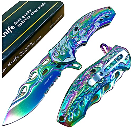 Super Knife 8" Rainbow Dragon Tactical Spring Assisted Open EDC Blade Folding Pocket knife