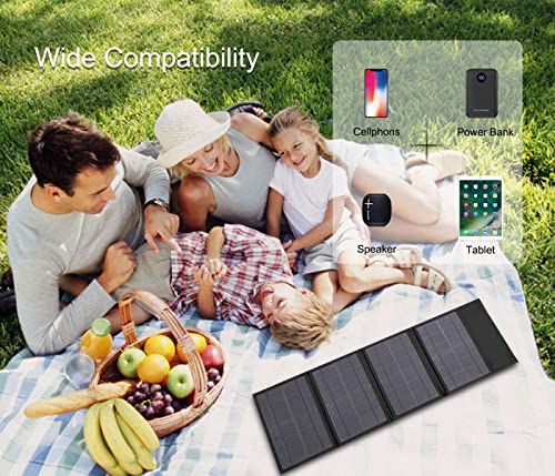 30W Portable Solar Panel, Folding Camping Solar Panel Mobile Charger, DC 12V, USB 2.0 5V, USB3.0 9V Compatible with Solar Generators Power Stations for Camping, Cell Phone, Tablet, RV, Hiking (Black)