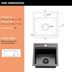 15 Inch Bar Sink Drop In Workstation - HACHENL 15x15 Inch Small Bar Prep Sink Drop in Topmount Kitchen Sink Black 16 Gauge Stainless Steel Single Bowl Outdoor or Bar Sink With Grid&Drain&Cutting Board