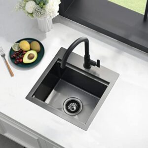 15 Inch Bar Sink Drop In Workstation - HACHENL 15x15 Inch Small Bar Prep Sink Drop in Topmount Kitchen Sink Black 16 Gauge Stainless Steel Single Bowl Outdoor or Bar Sink With Grid&Drain&Cutting Board