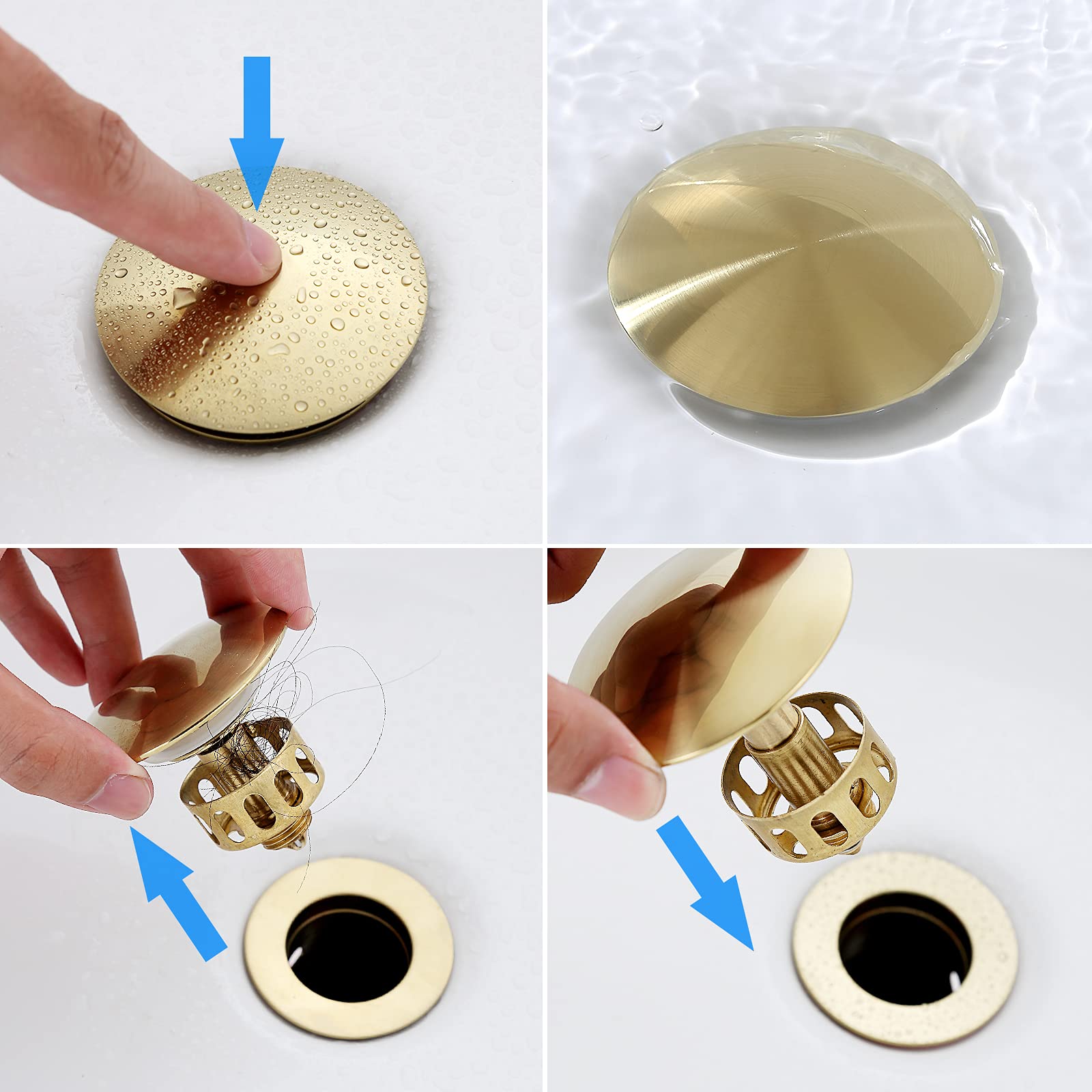 JONKEAN Pop Up Drain Stopper for Bathroom Sink, Bathroom Pop Up Drain with Overflow, Bathroom Vessel Sink Drain Assembly with Detachable Basket, Anti-Clogging Drain Strainer (Brushed Gold)