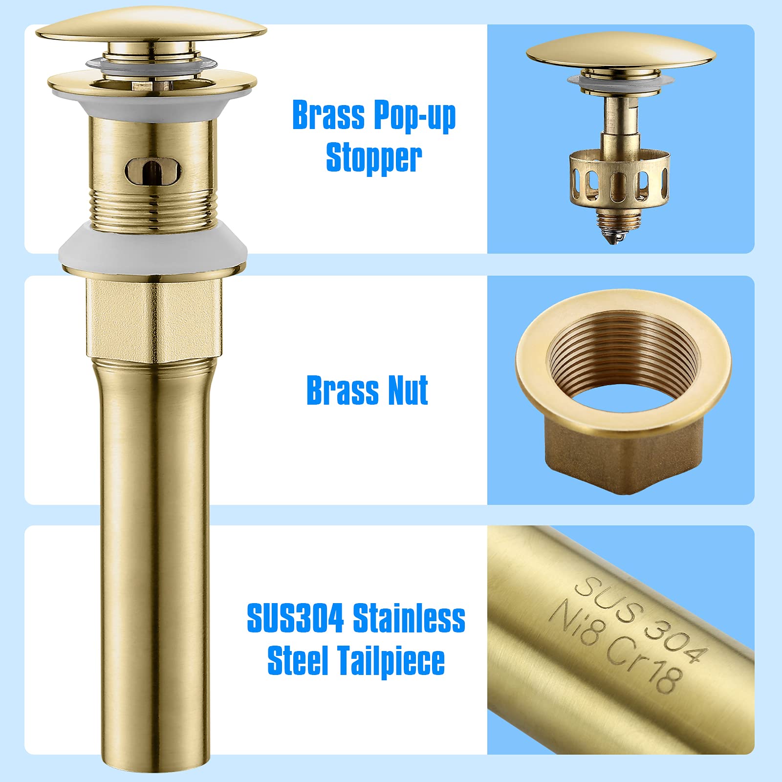 JONKEAN Pop Up Drain Stopper for Bathroom Sink, Bathroom Pop Up Drain with Overflow, Bathroom Vessel Sink Drain Assembly with Detachable Basket, Anti-Clogging Drain Strainer (Brushed Gold)