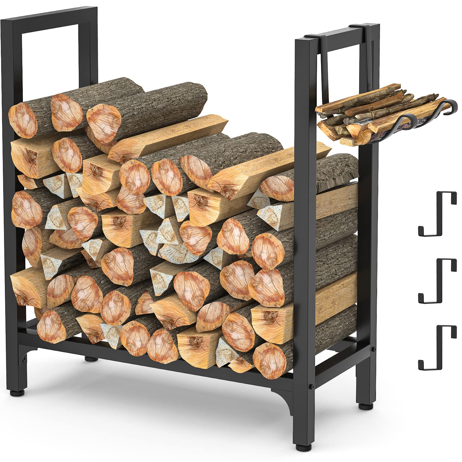 Girapow Firewood Rack Holder, 24 Inch Metal Fire Wood Log Storage Stand with Kindling Holder for Indoor Fireplace, Outdoor Patio Fire Pit Stove, Sturdy Construction, Easy to Assemble