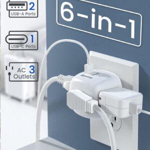 SUPERDANNY GaN 30W Multi-Plug Outlet Extender, 20W USB C Charger Port, 3 Adapter Spaced Outlets & 3 USBs, Side Access, Grounded, Perfect for Travel, Home, Office, Dorm, Cruise Ship