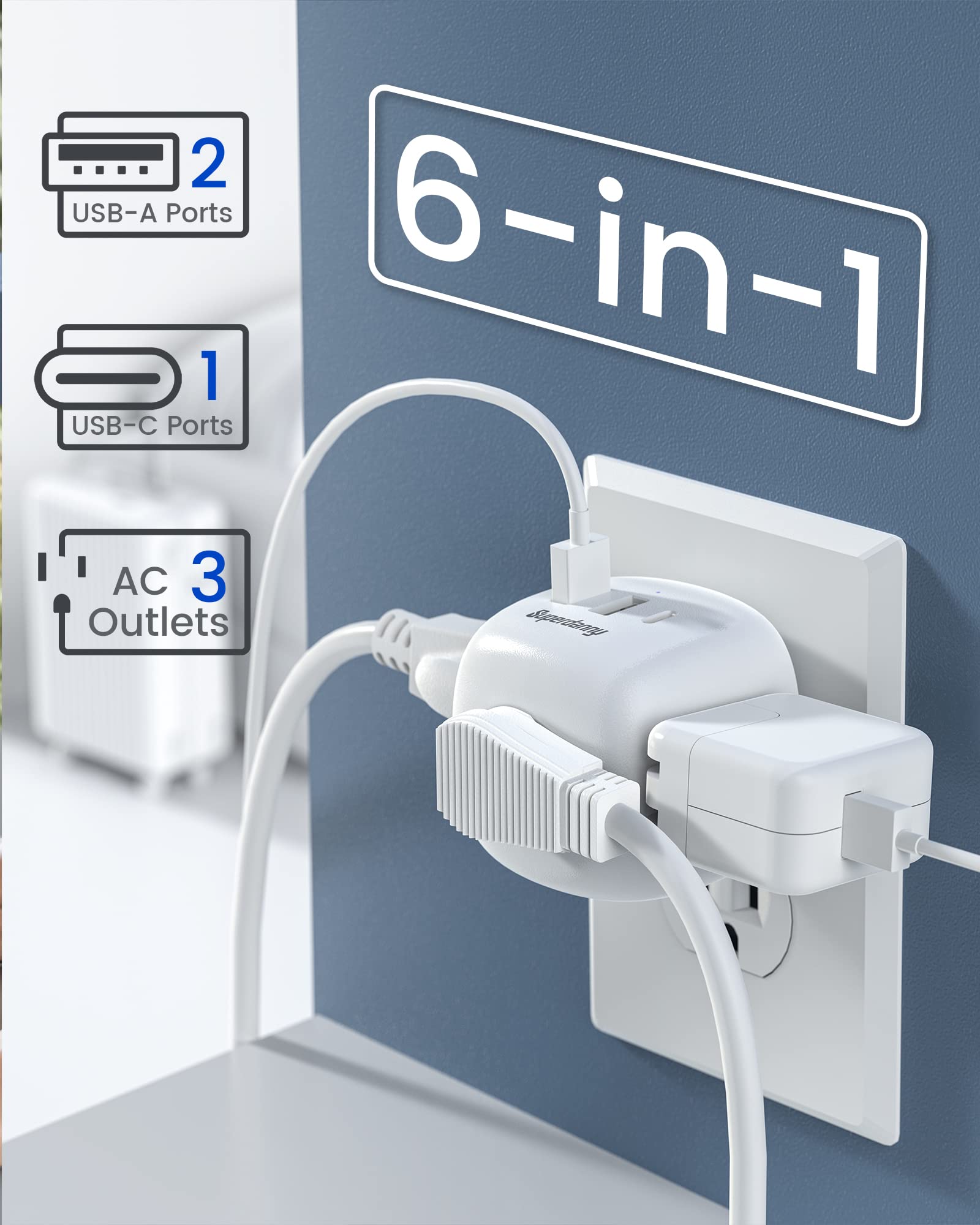 SUPERDANNY GaN 30W Multi-Plug Outlet Extender, 20W USB C Charger Port, 3 Adapter Spaced Outlets & 3 USBs, Side Access, Grounded, Perfect for Travel, Home, Office, Dorm, Cruise Ship