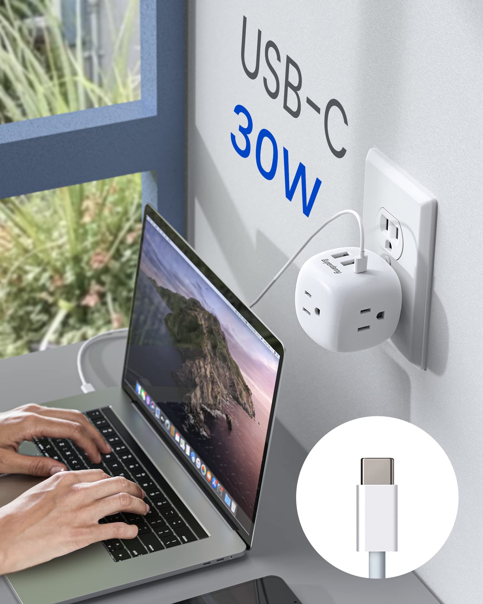 SUPERDANNY GaN 30W Multi-Plug Outlet Extender, 20W USB C Charger Port, 3 Adapter Spaced Outlets & 3 USBs, Side Access, Grounded, Perfect for Travel, Home, Office, Dorm, Cruise Ship