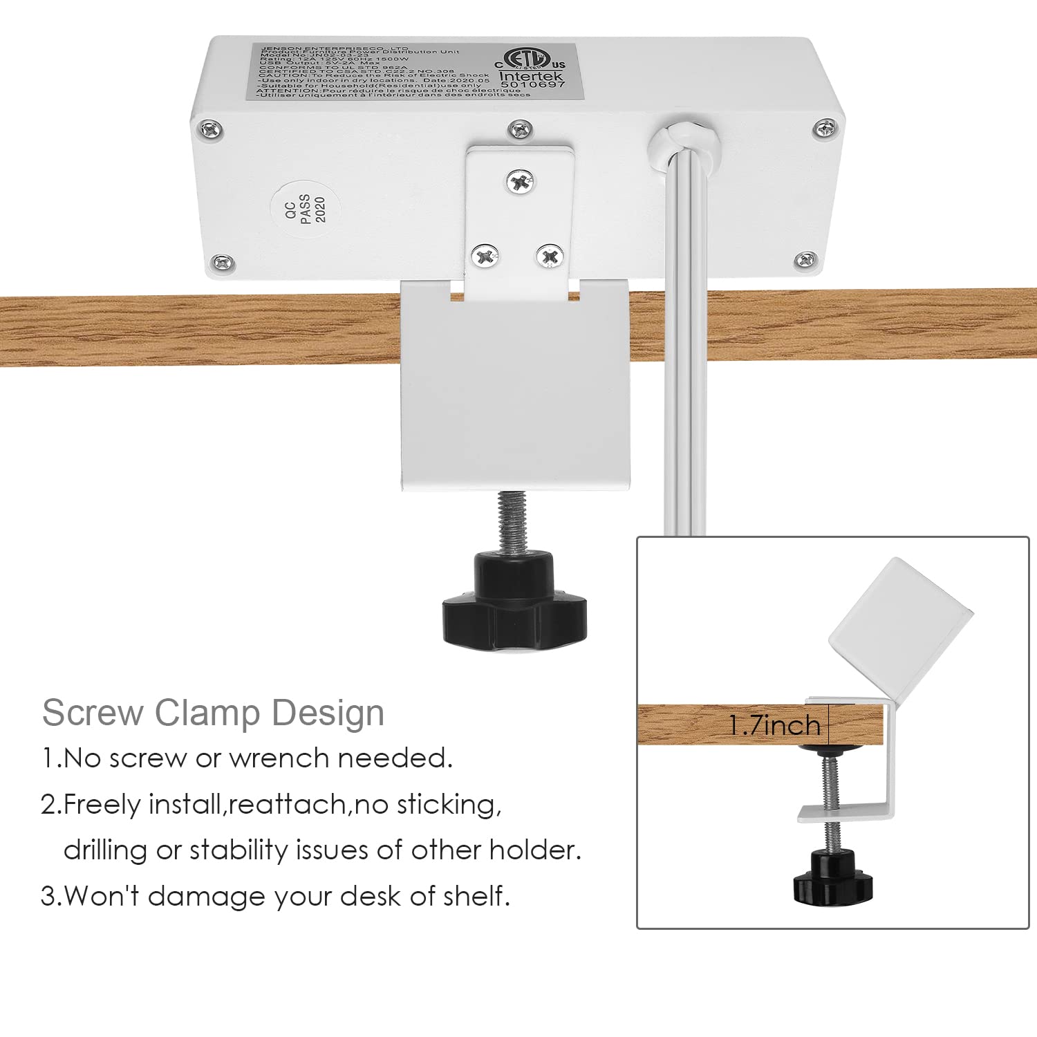 White Desktop Clamp Power Strip with USB, Surge Protector Power Charging Station Outlet with 3 Plugs 1 USB A 1 USB C PD Fast Charging Outlets, Desk Mount Multi-Outlets for Home Office Garage Workshop