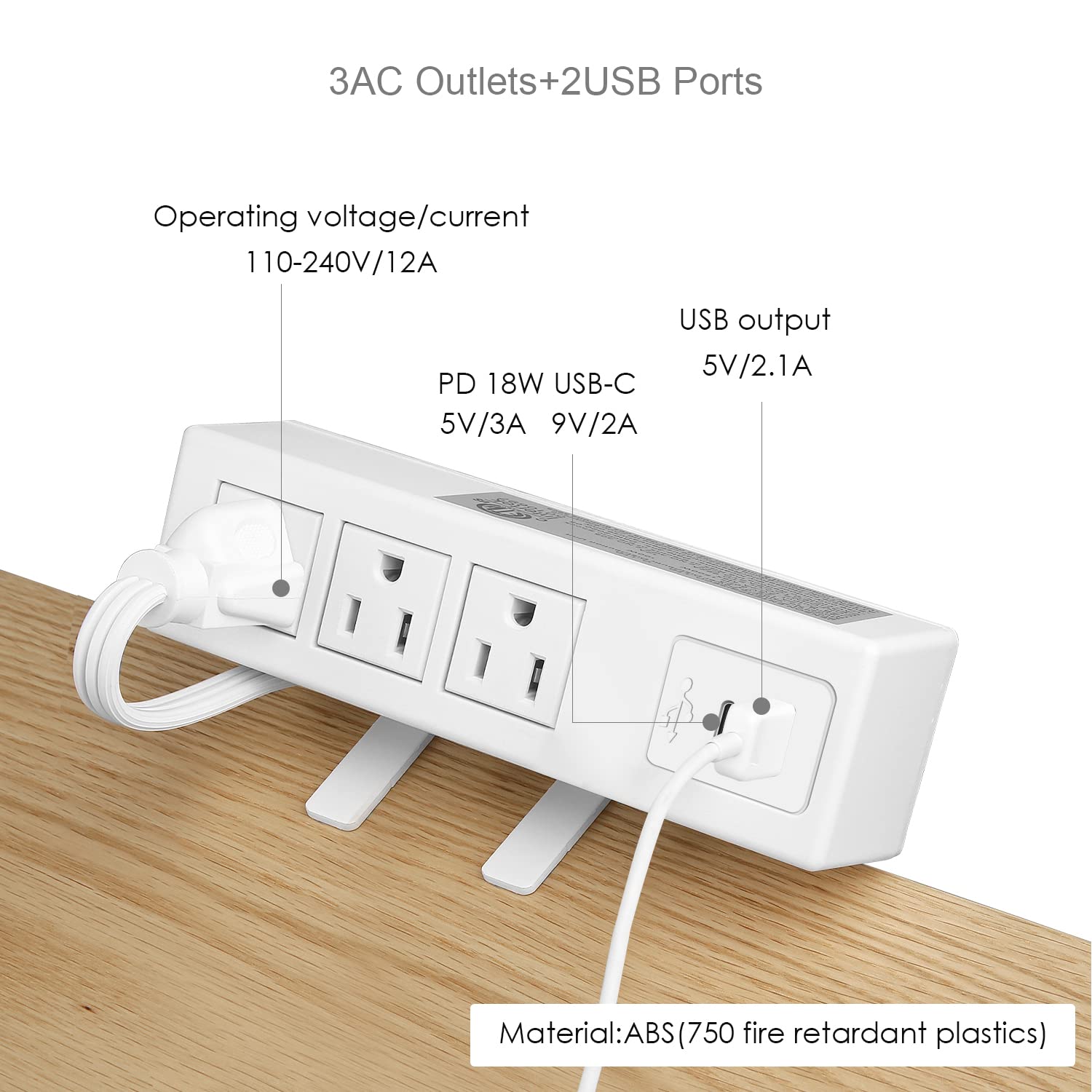 White Desktop Clamp Power Strip with USB, Surge Protector Power Charging Station Outlet with 3 Plugs 1 USB A 1 USB C PD Fast Charging Outlets, Desk Mount Multi-Outlets for Home Office Garage Workshop