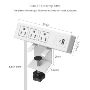 White Desktop Clamp Power Strip with USB, Surge Protector Power Charging Station Outlet with 3 Plugs 1 USB A 1 USB C PD Fast Charging Outlets, Desk Mount Multi-Outlets for Home Office Garage Workshop