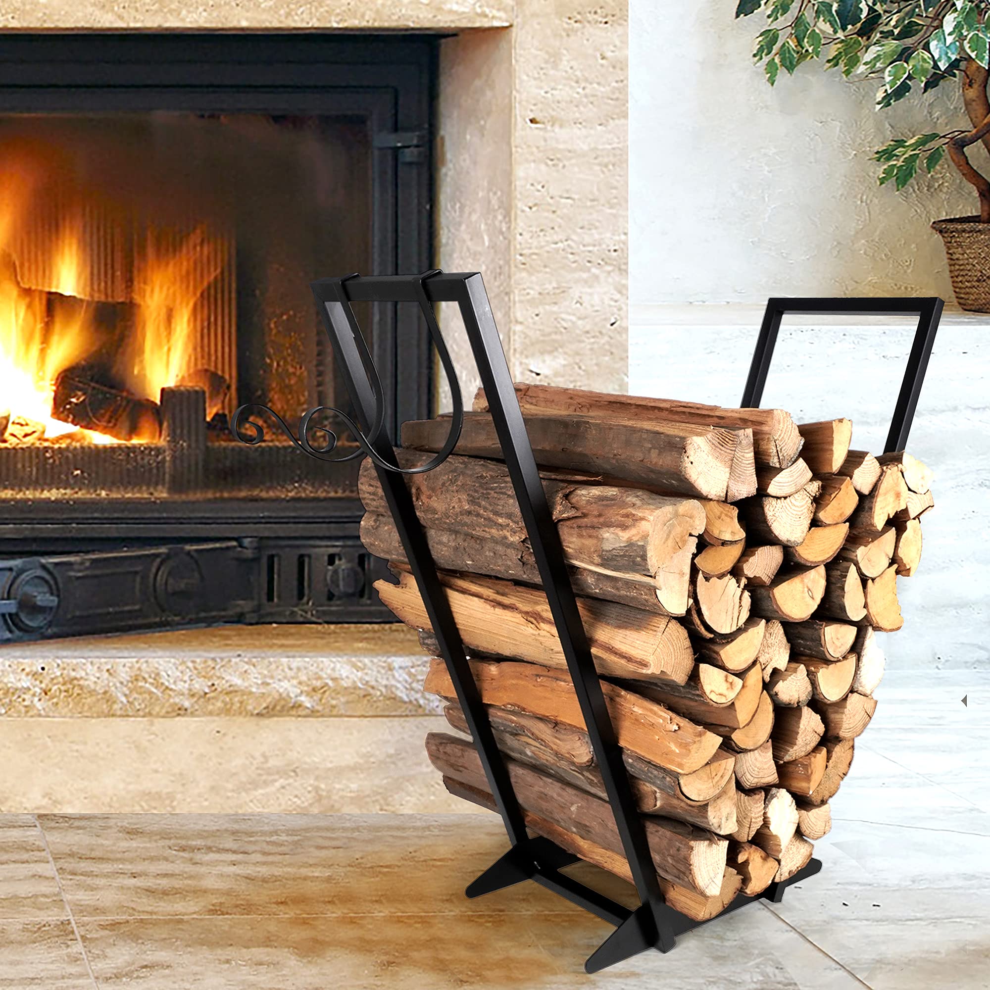 Qiang Ni Firewood Rack Indoor丨 Heavy Duty Firewood Rack Log Holder Rack Indoor Outdoor for Fireplace Wood Storage with Kindling Rack,33Inch