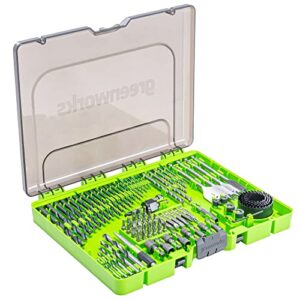 greenworks 90 piece black oxide drilling and driving bit set with modular case for wood, metal, plastic, and masonry,3x longer life,135° split point,precision-milled