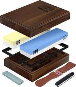 sharpening stone set with wood storage box, shan zu whetstone dual grit 400/1000 & 3000/8000 knife sharpener stone includes non-slip rubber strip & flattening stone & angle guide & leather razor strop