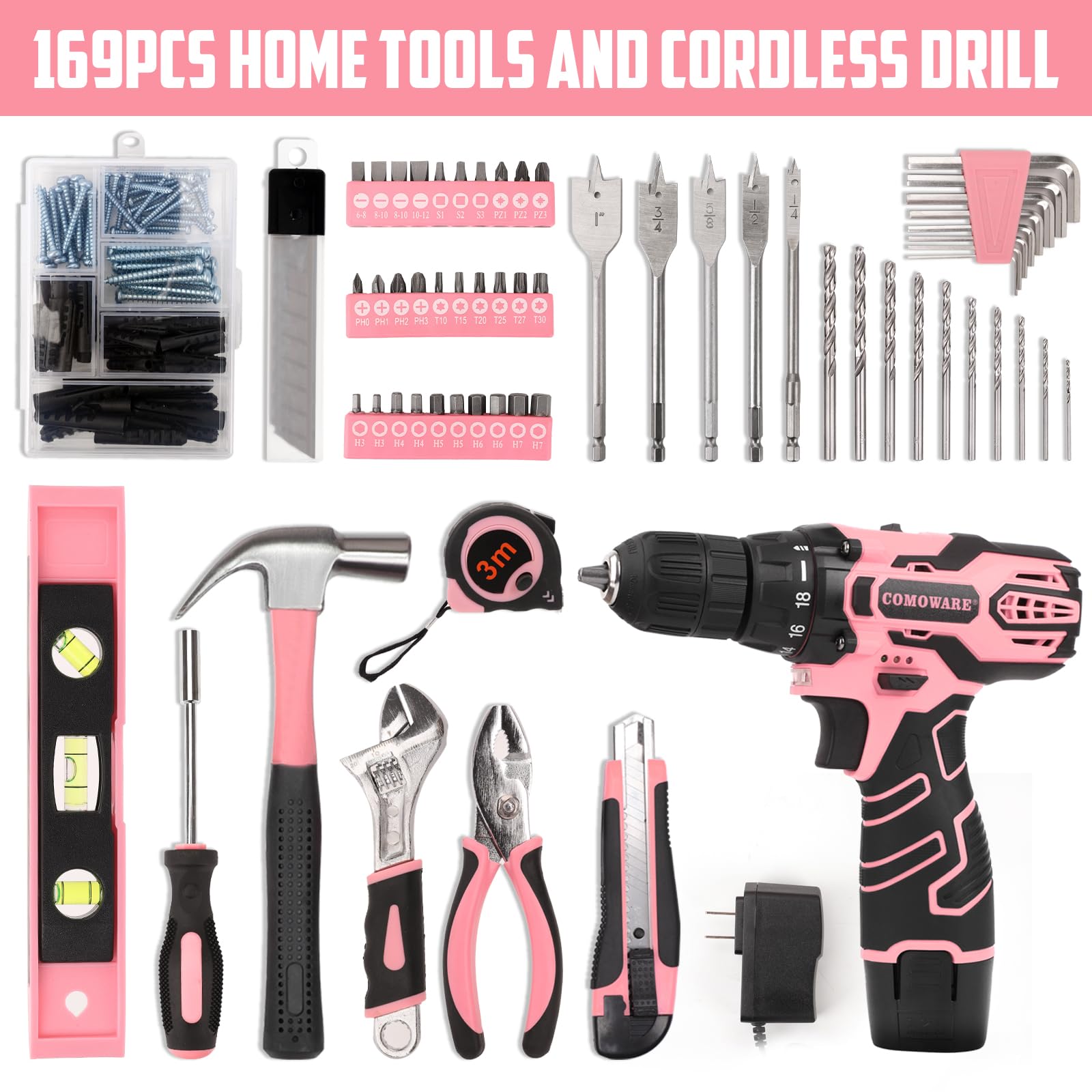 COMOWARE 120 Pcs Home Tool Kit with Drill, 20V Power Drill Cordless Set with 2.0 Ah Li-ion Battery & Charger, 25+1 Clutch, Tool Sets for Homeowners, Household Tool Set for Garden Office Home Repair