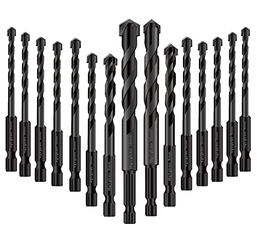 15 pcs Black Masonry Drill Bits Set, Mgtgbao Ceramic Tile Drill Bits Carbide Tip for Glass, Brick, Tile, Concrete, Plastic and Wood with Size 4mm,5mm,6mm,8mm,10mm,12mm