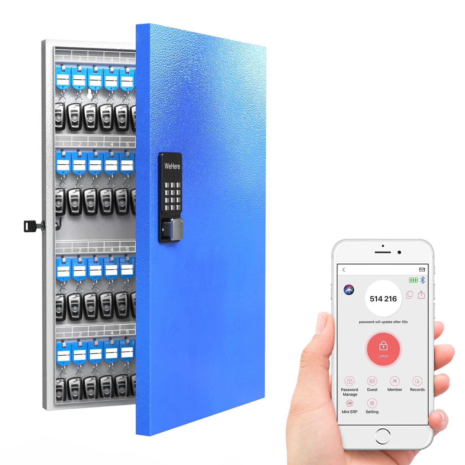 WeHere 96 Key Lock Box, Smart Key Cabinet OTP Share Half-Remote Unlock, Security Storage Lockbox Wall Mount, APP Bluetooth/Fixed Code Unlock Key Management for Car Dealership/Valet/Realtor