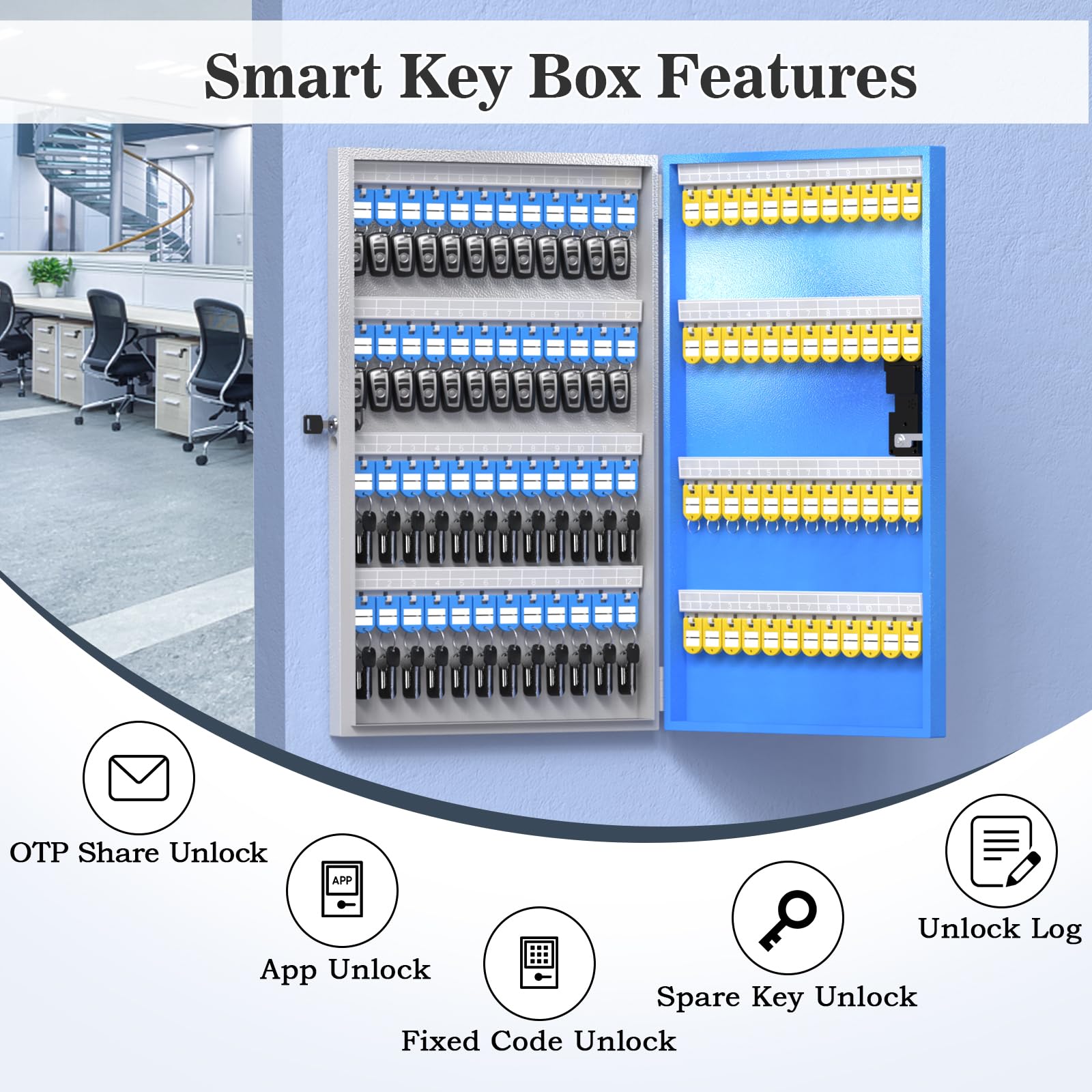 WeHere 96 Key Lock Box, Smart Key Cabinet OTP Share Half-Remote Unlock, Security Storage Lockbox Wall Mount, APP Bluetooth/Fixed Code Unlock Key Management for Car Dealership/Valet/Realtor