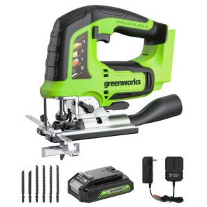 greenworks 24v brushless jig saw，1*2ah battery+2a adaptor, 6pcs blades (4 x saw blade for woodworking. 2 x saw blade for metal)