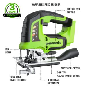 Greenworks 24V Brushless Jig Saw，1*2AH Battery+2A adaptor, 6PCS Blades (4 x Saw blade for woodworking. 2 x Saw blade for metal)