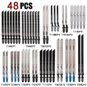 48pcs Jigsaw Blades, Contractor Assorted T Shank Jig Saw Blades Set, Multi-Purpose HCS/HSS Saw Blades for Wood, Plastic, Metal Cutting