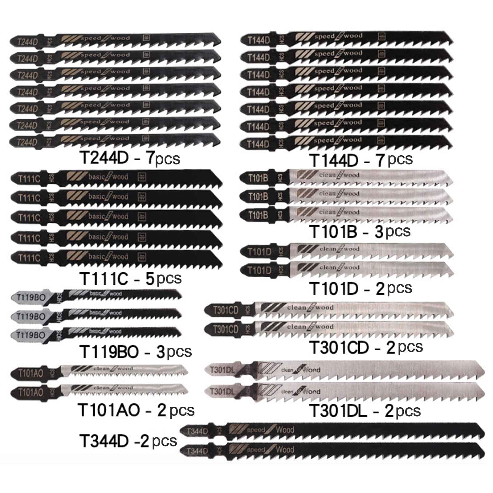 48pcs Jigsaw Blades, Contractor Assorted T Shank Jig Saw Blades Set, Multi-Purpose HCS/HSS Saw Blades for Wood, Plastic, Metal Cutting