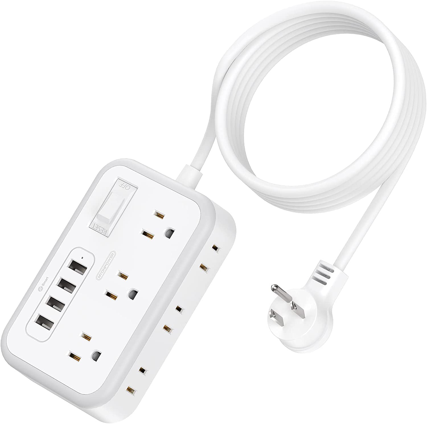 NTONPOWER Power Strip with USB, Flat Plug Power Strip with 4 USB Ports 6 Outlets, 5 Ft White Extension Cord, Overload Protection, Outlet Extender for Travel, Indoor, Home Office, Dorm Room Essentials