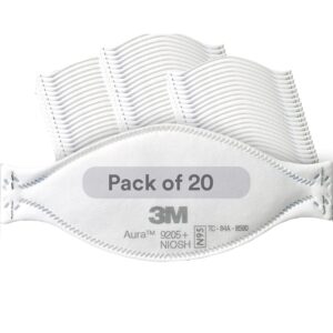 3m aura particulate respirator 9205+, n95, pack of 20 disposable respirators, individually wrapped, 3 panel flat fold design allows for facial movements, comfortable, niosh approved