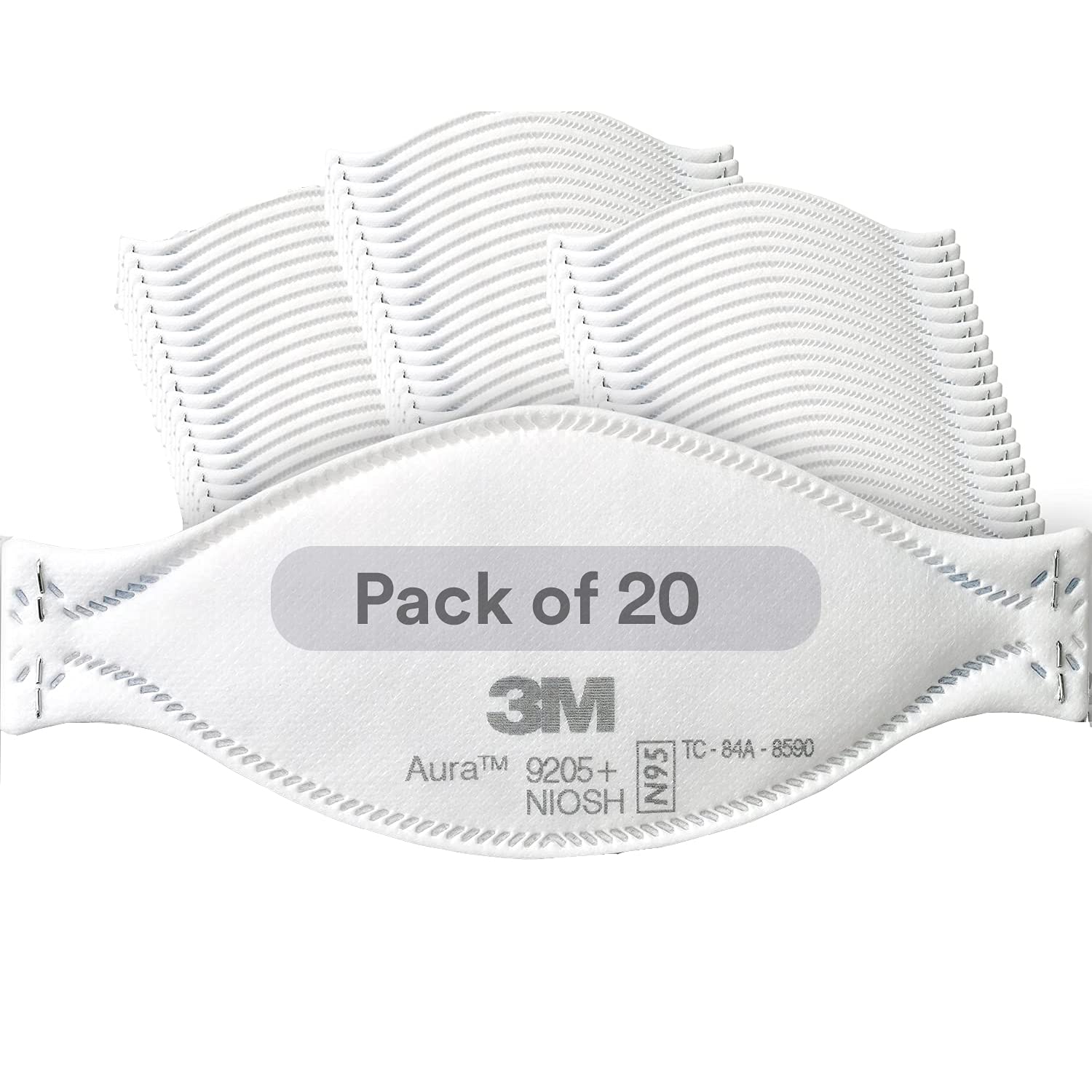 3M Aura Particulate Respirator 9205+, N95, Pack of 20 Disposable Respirators, Individually Wrapped, 3 Panel Flat Fold Design Allows for Facial Movements, Comfortable, NIOSH Approved