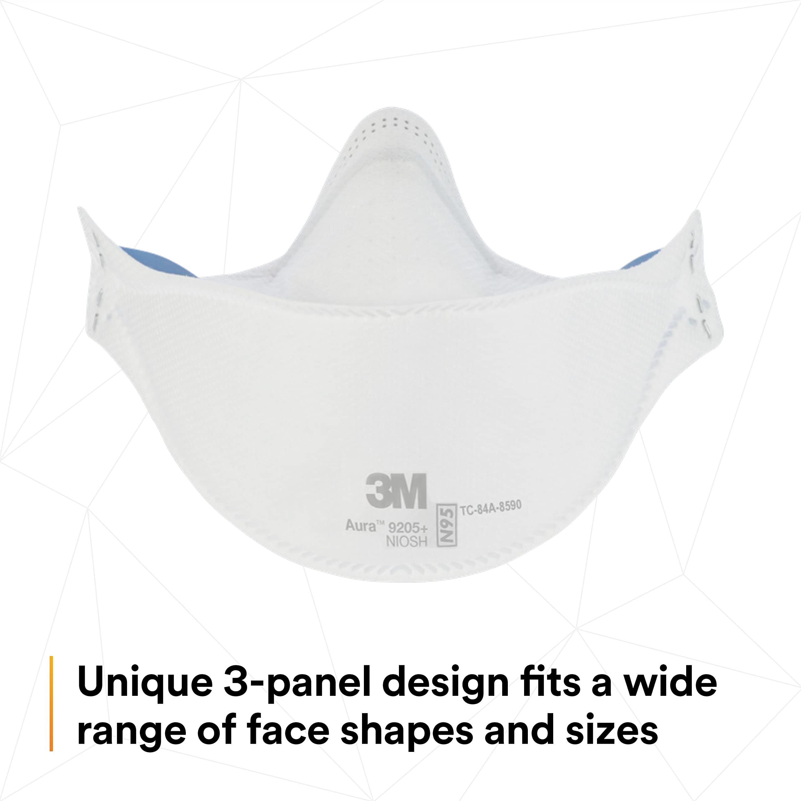 3M Aura Particulate Respirator 9205+, N95, Pack of 20 Disposable Respirators, Individually Wrapped, 3 Panel Flat Fold Design Allows for Facial Movements, Comfortable, NIOSH Approved