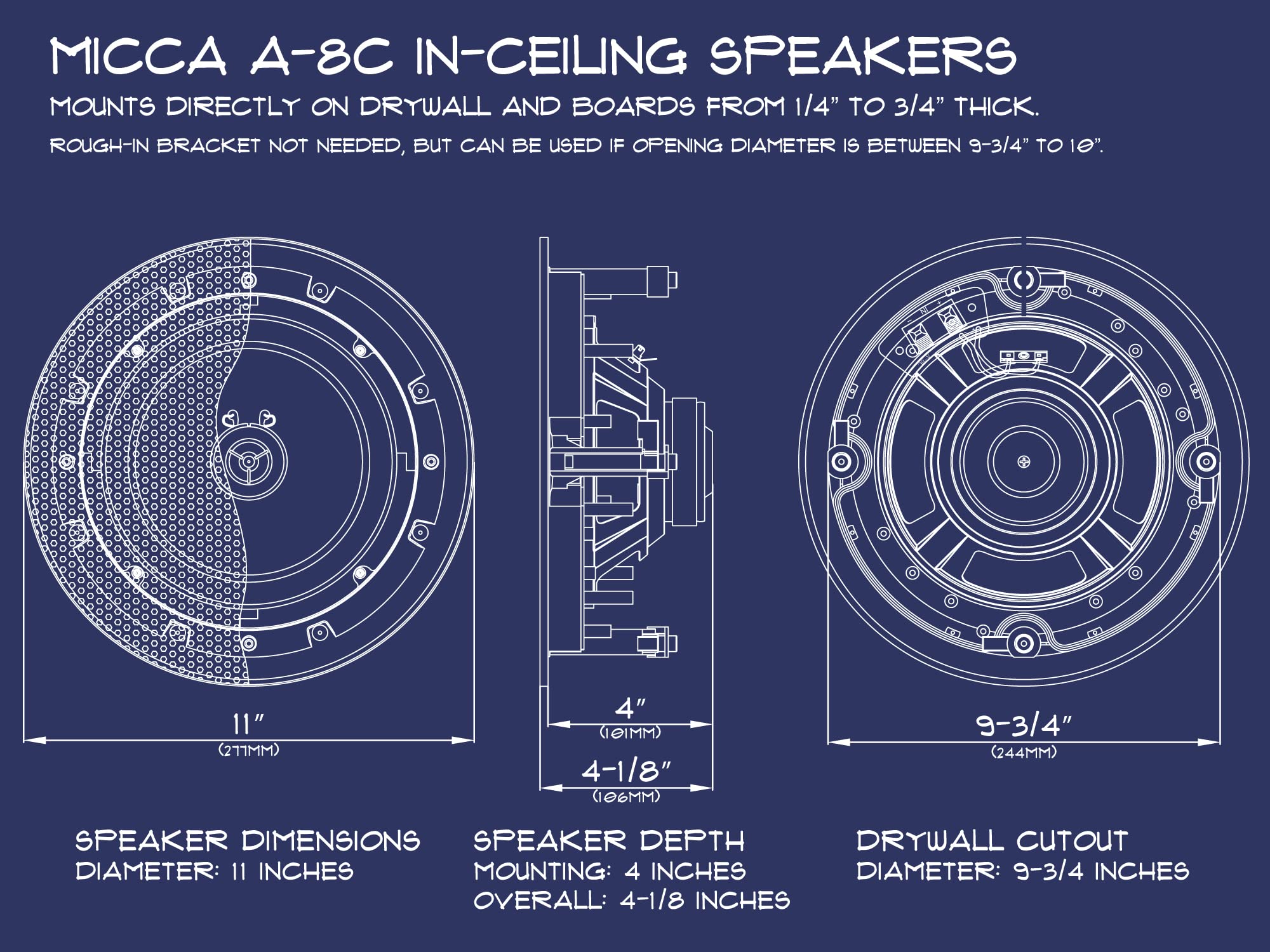 Micca 8" 2-Way in Ceiling or Wall Round Speakers, 4 Pack, 8 Inch Woofer, 9.75" Cutout Diameter, Low Profile Rimless Design, for Indoor Rooms or Covered Outdoor Porches, White, Paintable