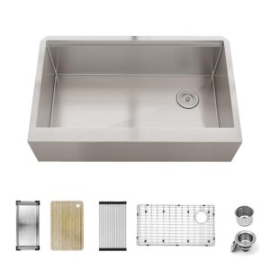 Sinber 33" x 20" x 10" Farmhouse Apron Single Bowl Workstation Kitchen Sink with 16 Gauge 304 Stainless Steel Satin Finish 6 Accessories KSS0005S-OK