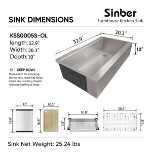 Sinber 33" x 20" x 10" Farmhouse Apron Single Bowl Workstation Kitchen Sink with 16 Gauge 304 Stainless Steel Satin Finish 6 Accessories KSS0005S-OK