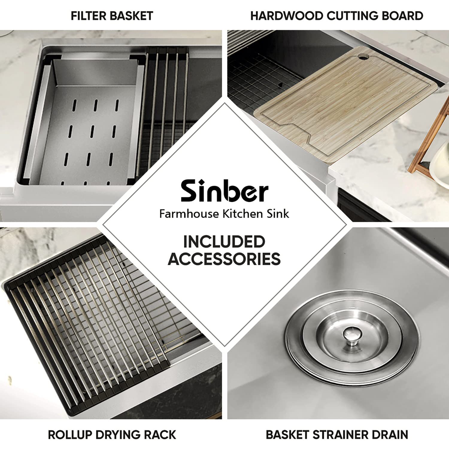 Sinber 33" x 20" x 10" Farmhouse Apron Single Bowl Workstation Kitchen Sink with 16 Gauge 304 Stainless Steel Satin Finish 6 Accessories KSS0005S-OK