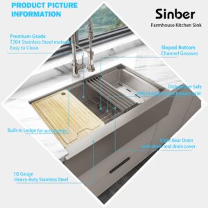 Sinber 33" x 20" x 10" Farmhouse Apron Single Bowl Workstation Kitchen Sink with 16 Gauge 304 Stainless Steel Satin Finish 6 Accessories KSS0005S-OK