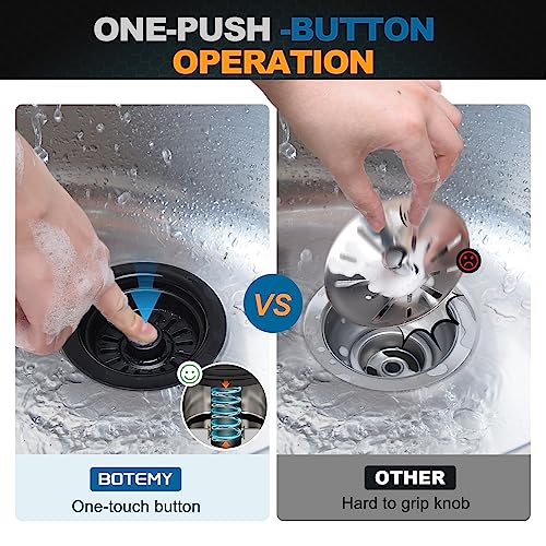 BOTEMY 3-1/2 inch Pop Up Kitchen Sink Drain Strainer Assembly 304 Stainless Steel with Removable Strainer Basket Stopper, Matte Black