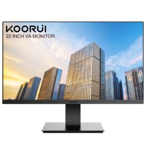 koorui 22 inch computer monitor, fhd 1080p desktop display, 75hz ultra thin bezel/eye care/ergonomic tilt, hdmi vga ports led monitor for pc, vesa mounting